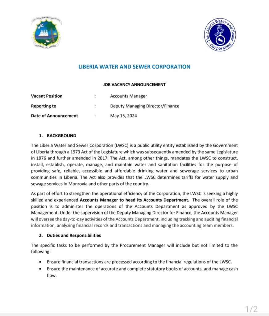 Job vacancy for Accounts Manager – The Liberia Water and Sewer Corporation